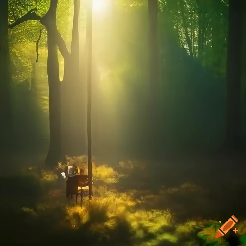 Fairy-tale forest at dawn with sunbeams filtering through a marmalade ...
