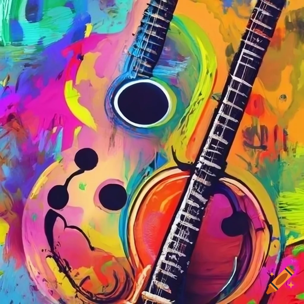 Colorful artwork made of brush strokes featuring musical instruments