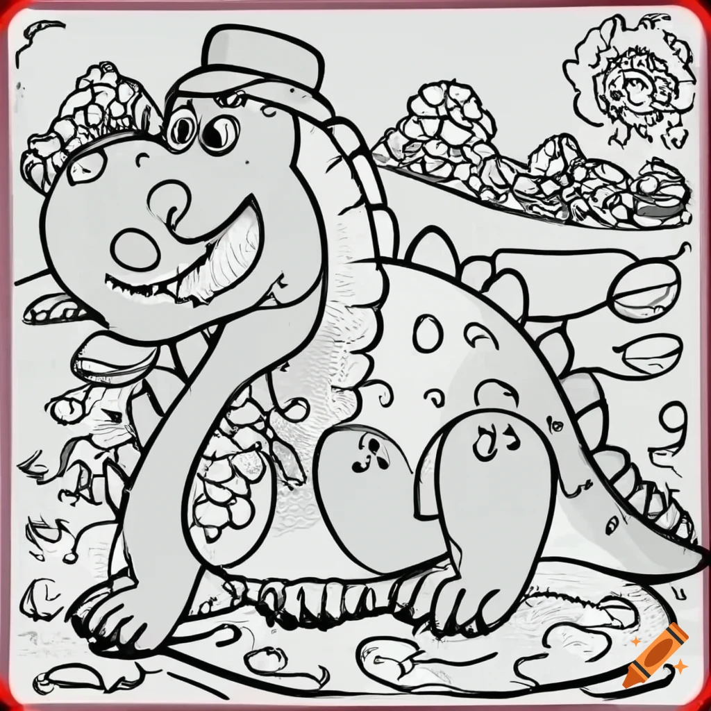 Children’s coloring sheet with a dinosaur wearing a hat on Craiyon