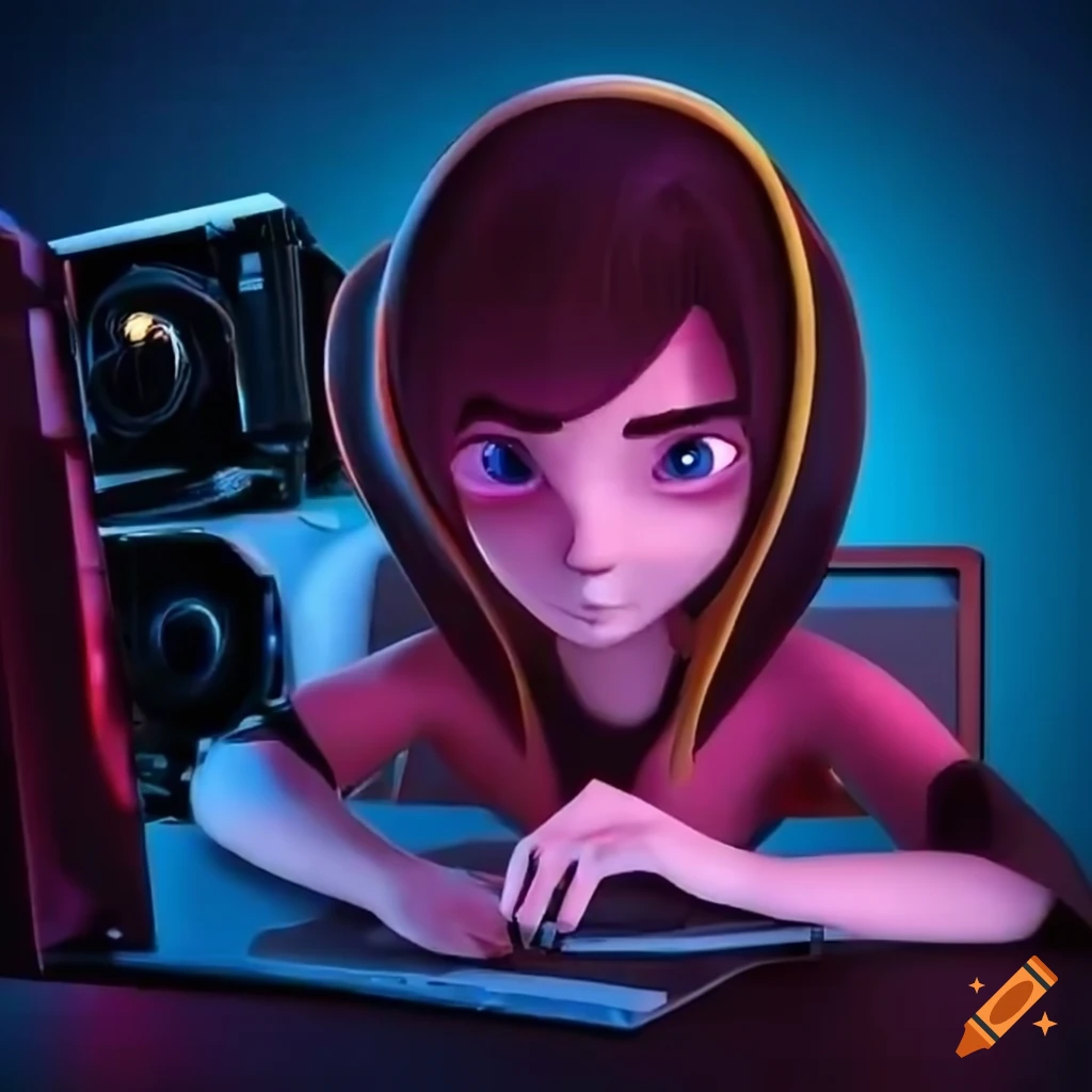 Animation style person reviewing papers in front of a gaming computer ...