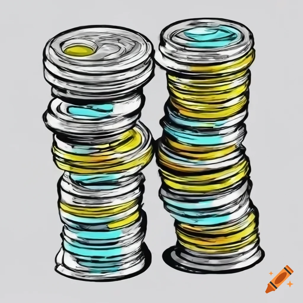 Comic-style stacks of coins in black and white on Craiyon