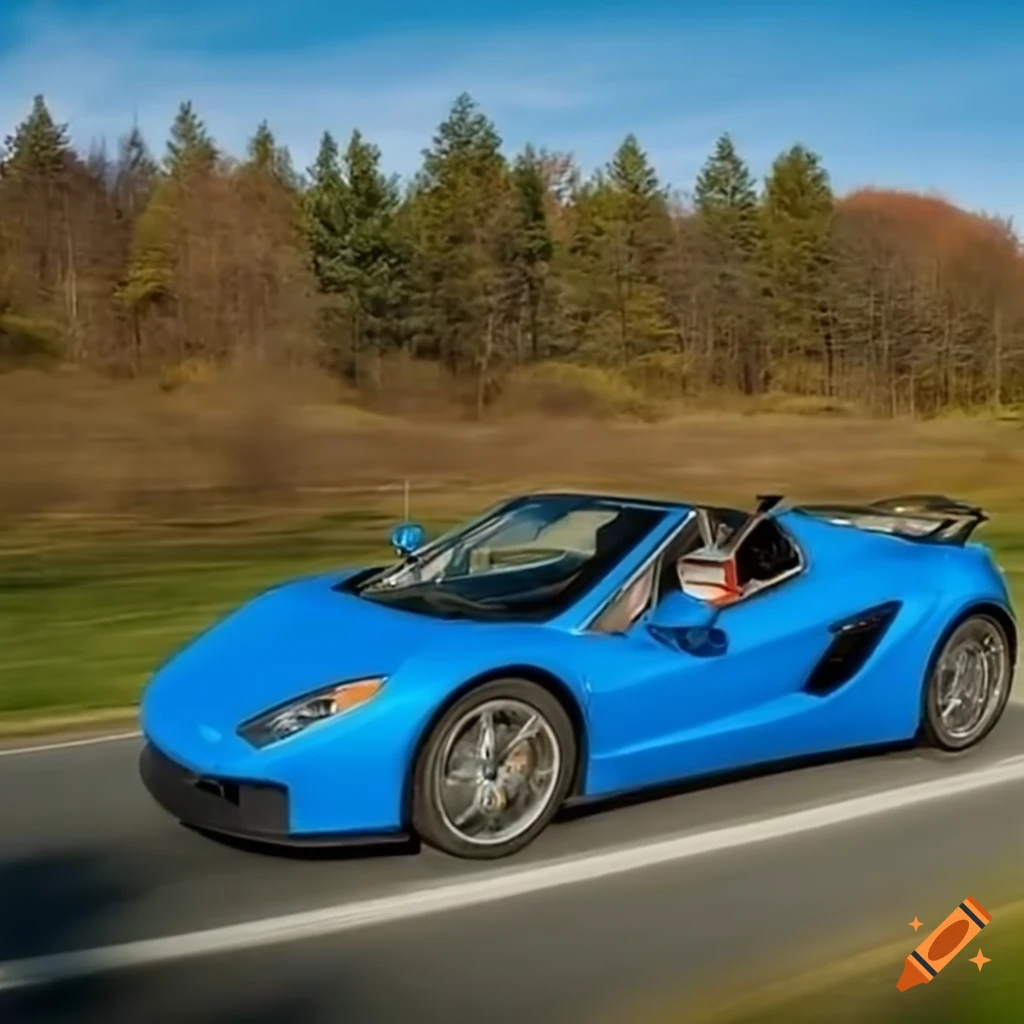 A blue sports car cruising on a scenic countryside