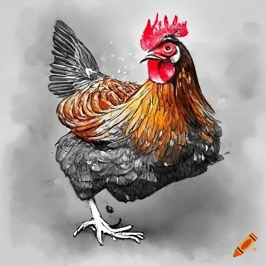 Painted in watercolor of hens eating