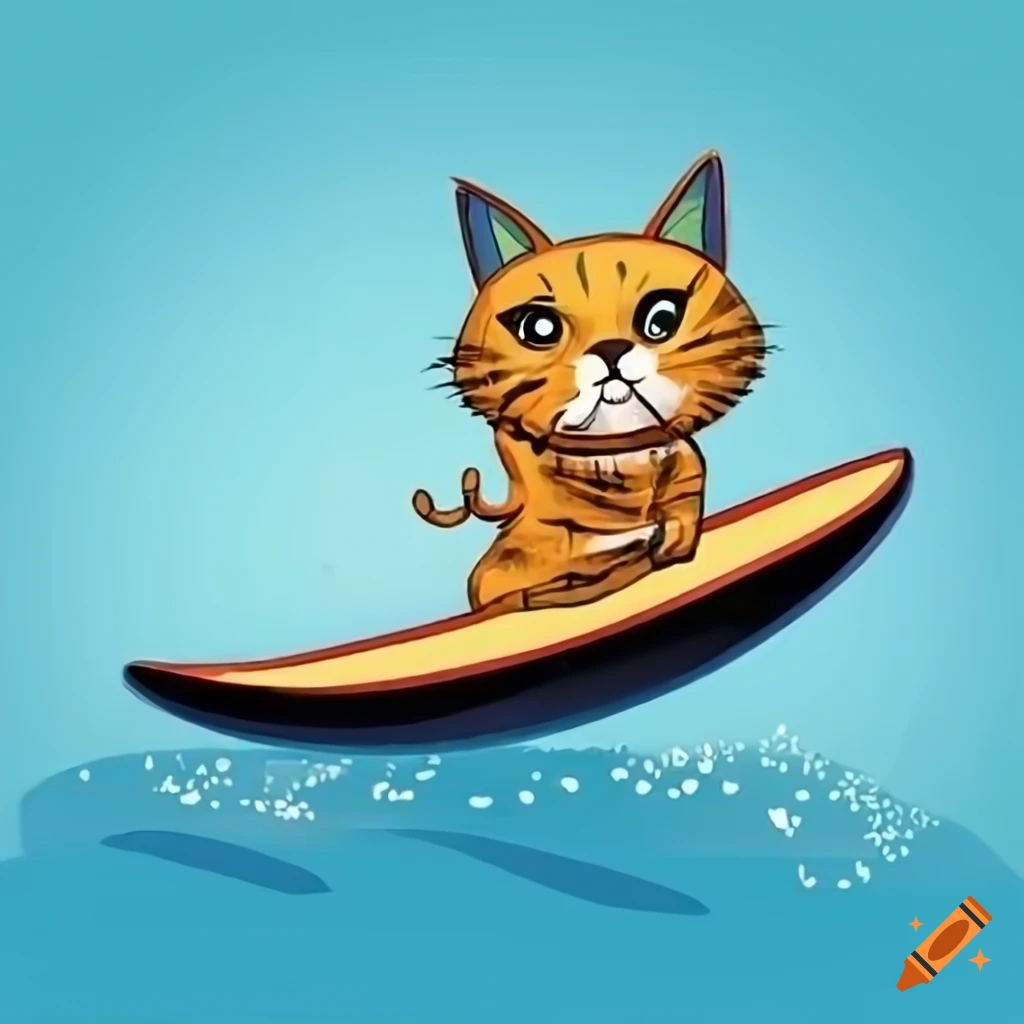 Cat surfing a board cartoon