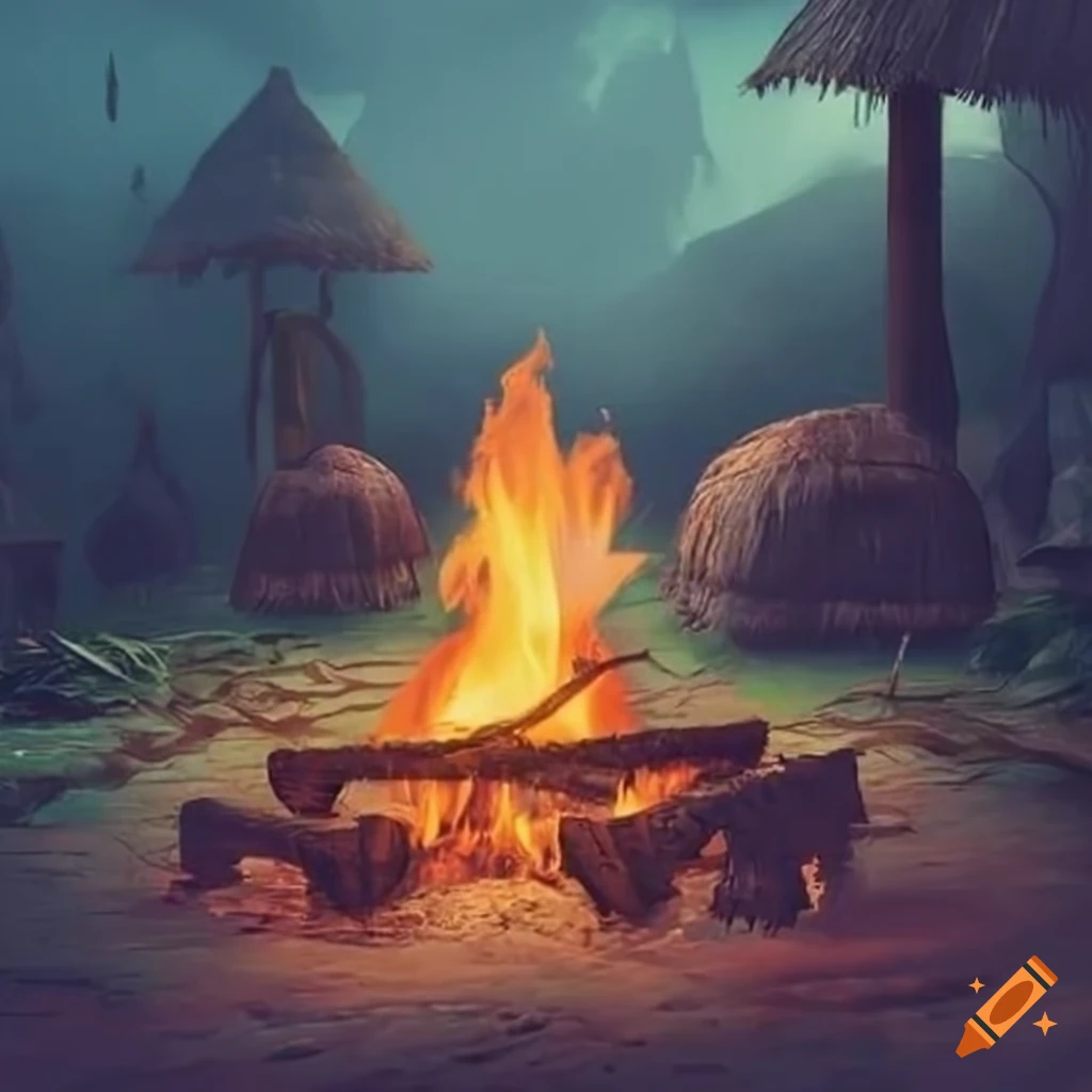 Campfire in huts village, lot of space, homey atmosphere, tropical setting