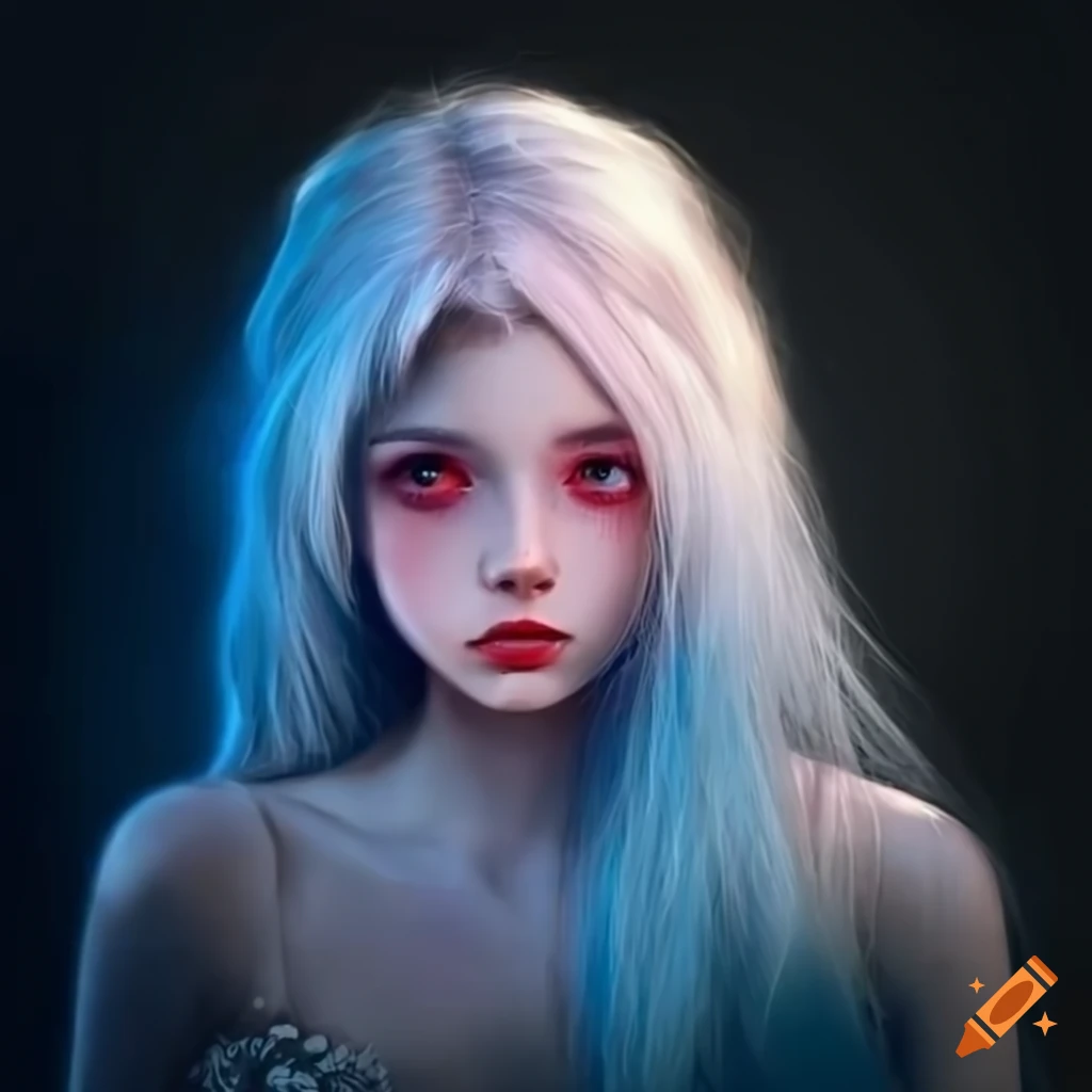 Girl With White Hair Down To Her Waist With A Blue And A Red Eye