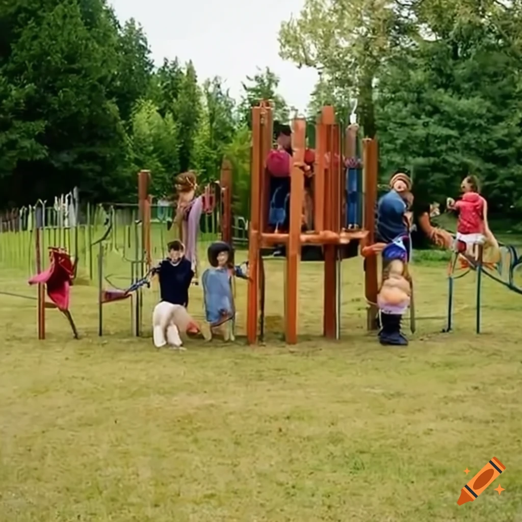 There is a playground but many dog children and some human children are ...