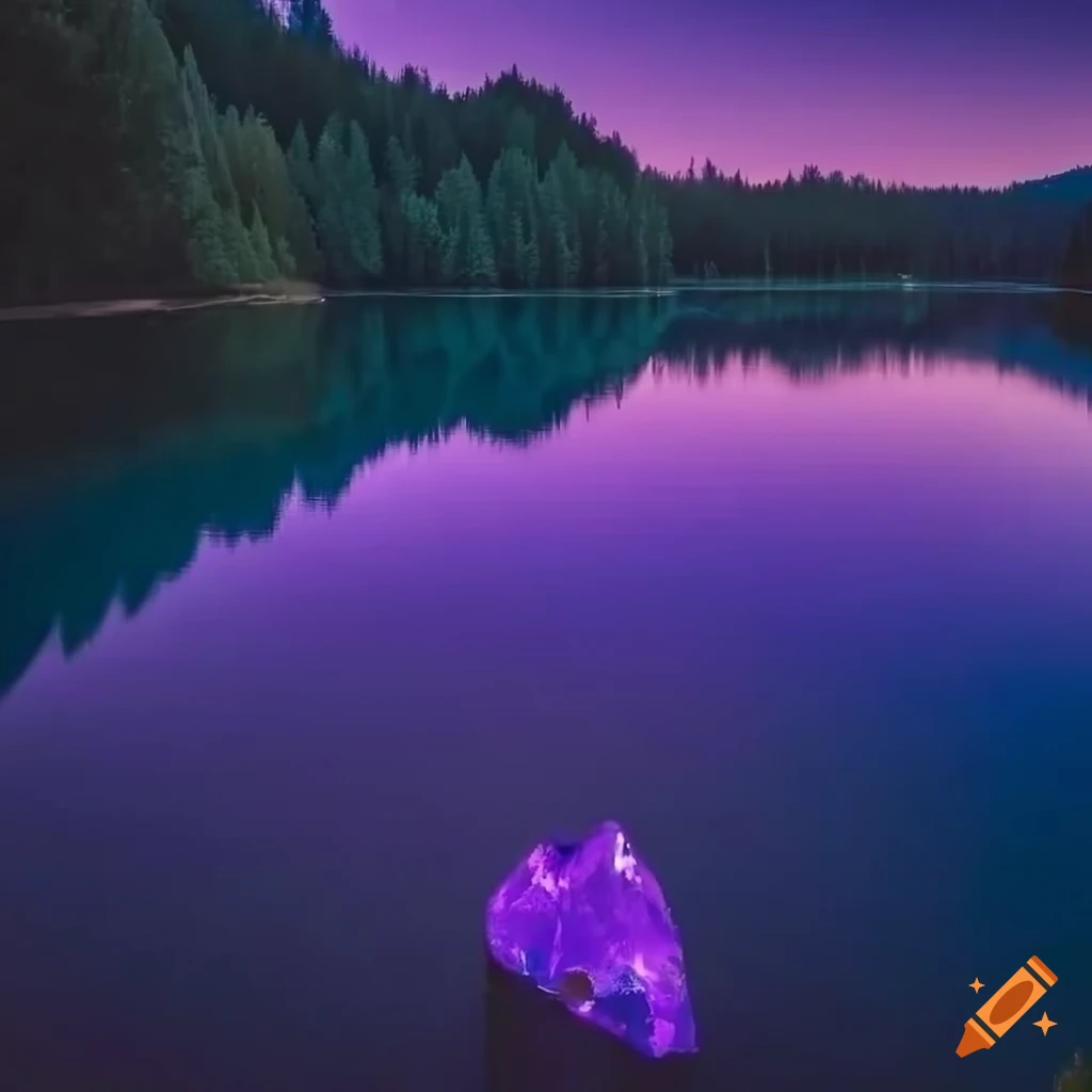 Aerial shot of a glowing purple crystal floating in a moonlit lake, at ...
