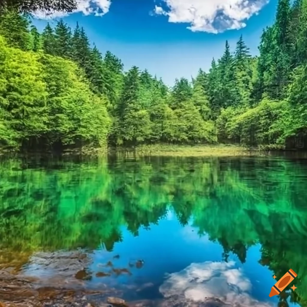 Best relaxed place in blue sky green forest and water wave