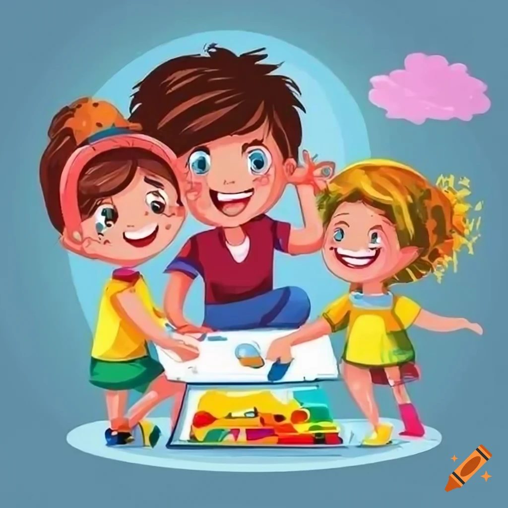 Colorful painting of happy education with kids and teacher learning ...