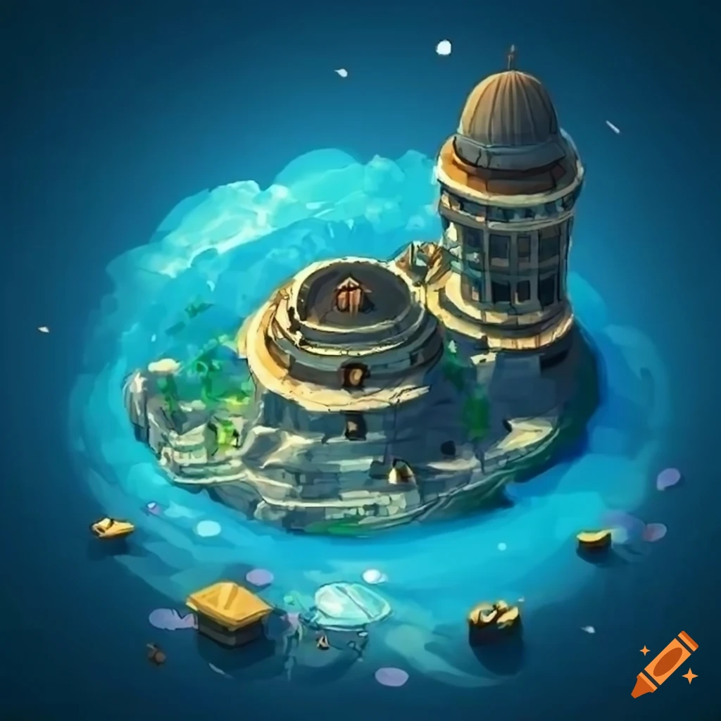 Building fantasy game in a water world, observatory in isometric top ...