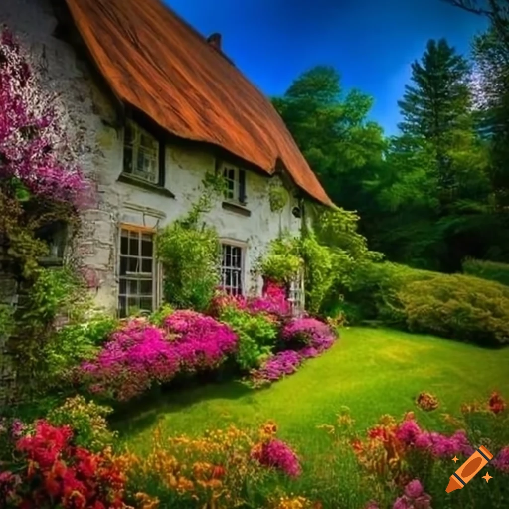 A charming cottage surrounded by vibrant flowers and lush foliage