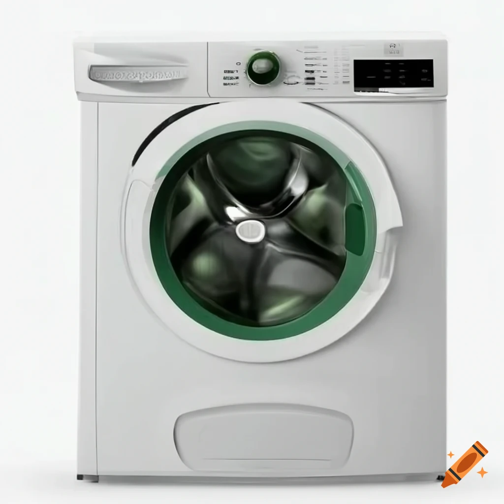 A modern white washing machine with green details on Craiyon