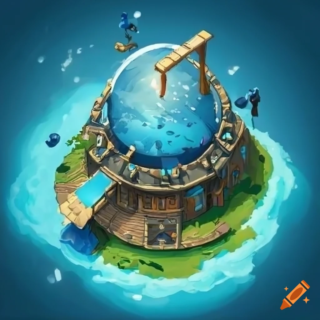Building fantasy game in a water world, observatory in isometric top ...