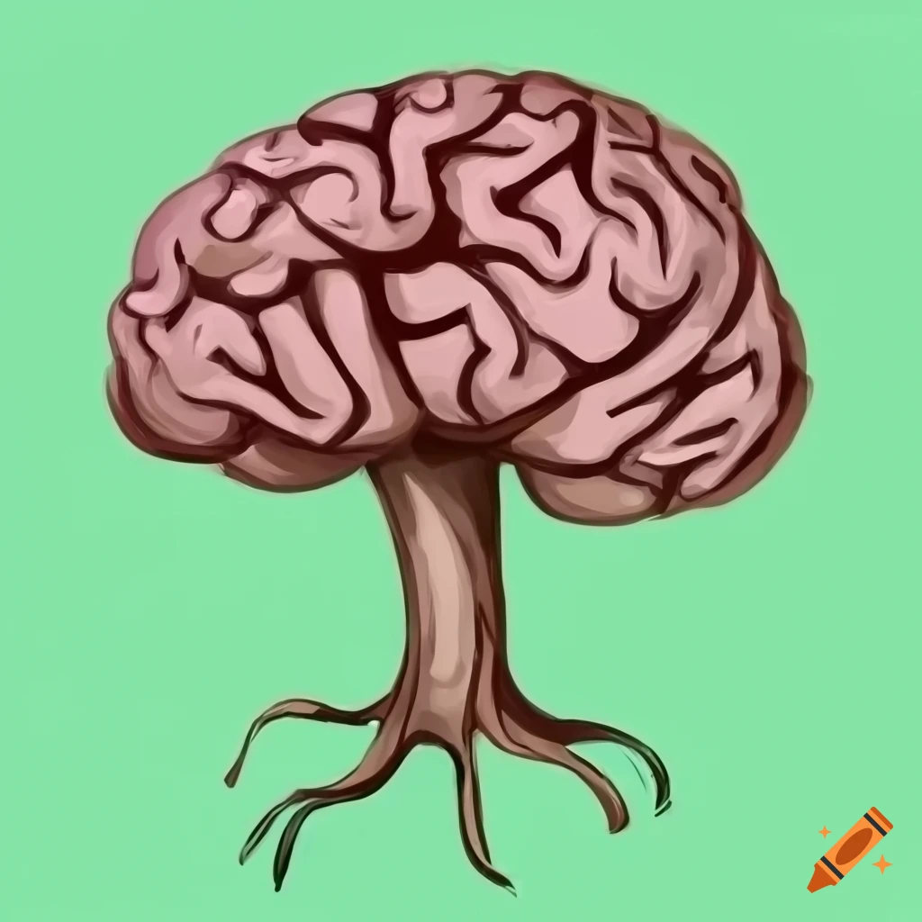 A tree with a brain for leaves, cartoon, block light green background