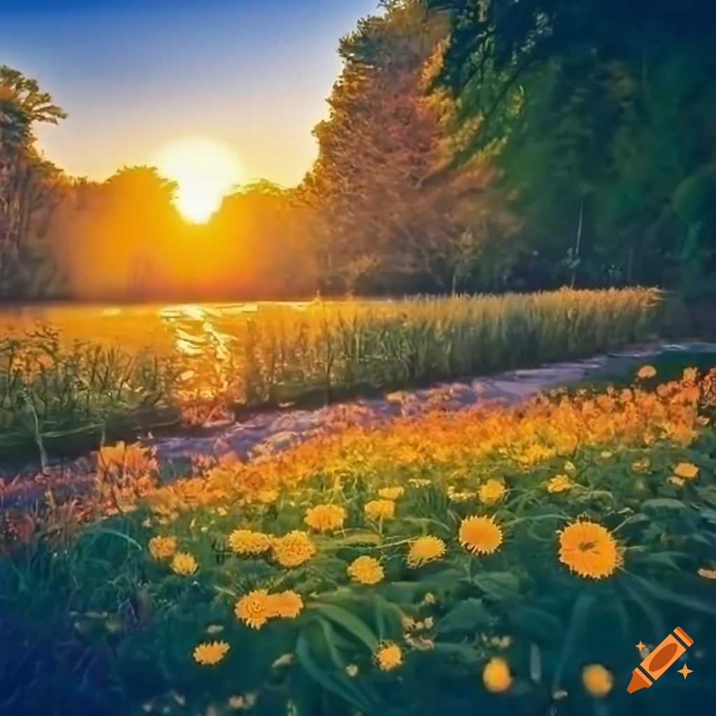 Photo of a summer garden, golden hour, photorealistic, sharp focus on ...