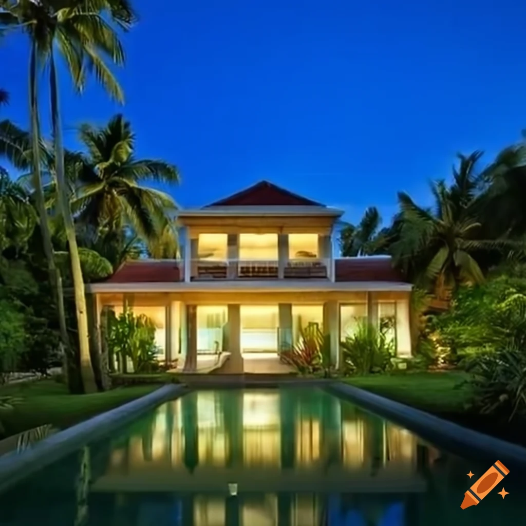 Tropical villa with palm trees on Craiyon