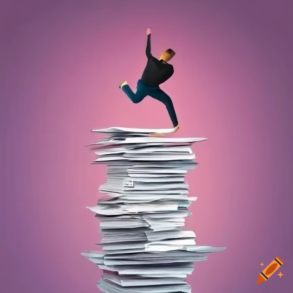 Person climbing on a stack of papers on Craiyon