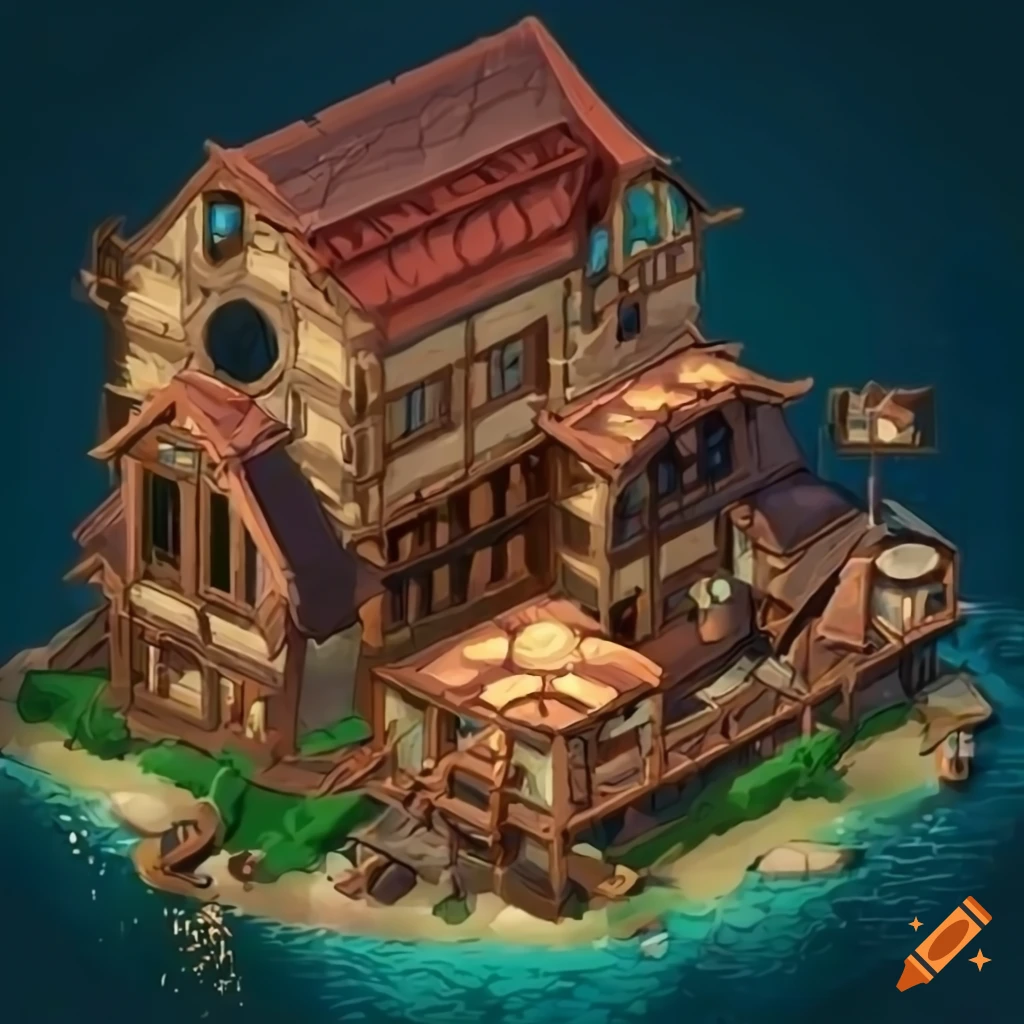 Building fantasy game in a water world,timbered house pub in isometric ...