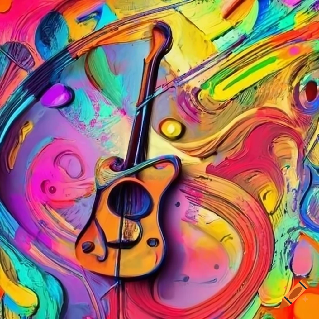 Colorful artwork made of brush strokes featuring musical instruments on ...