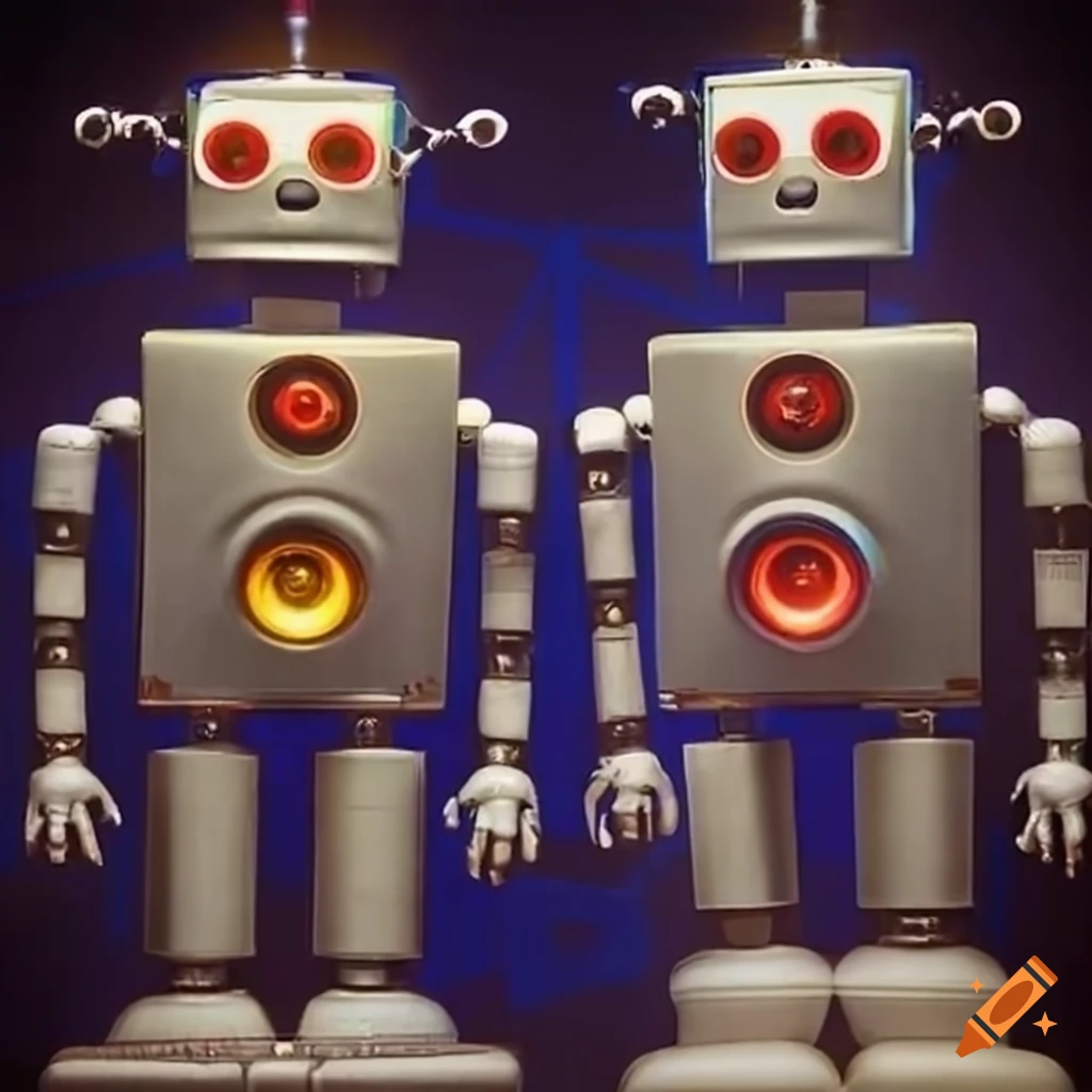 Atomic age art style robots playing records on Craiyon