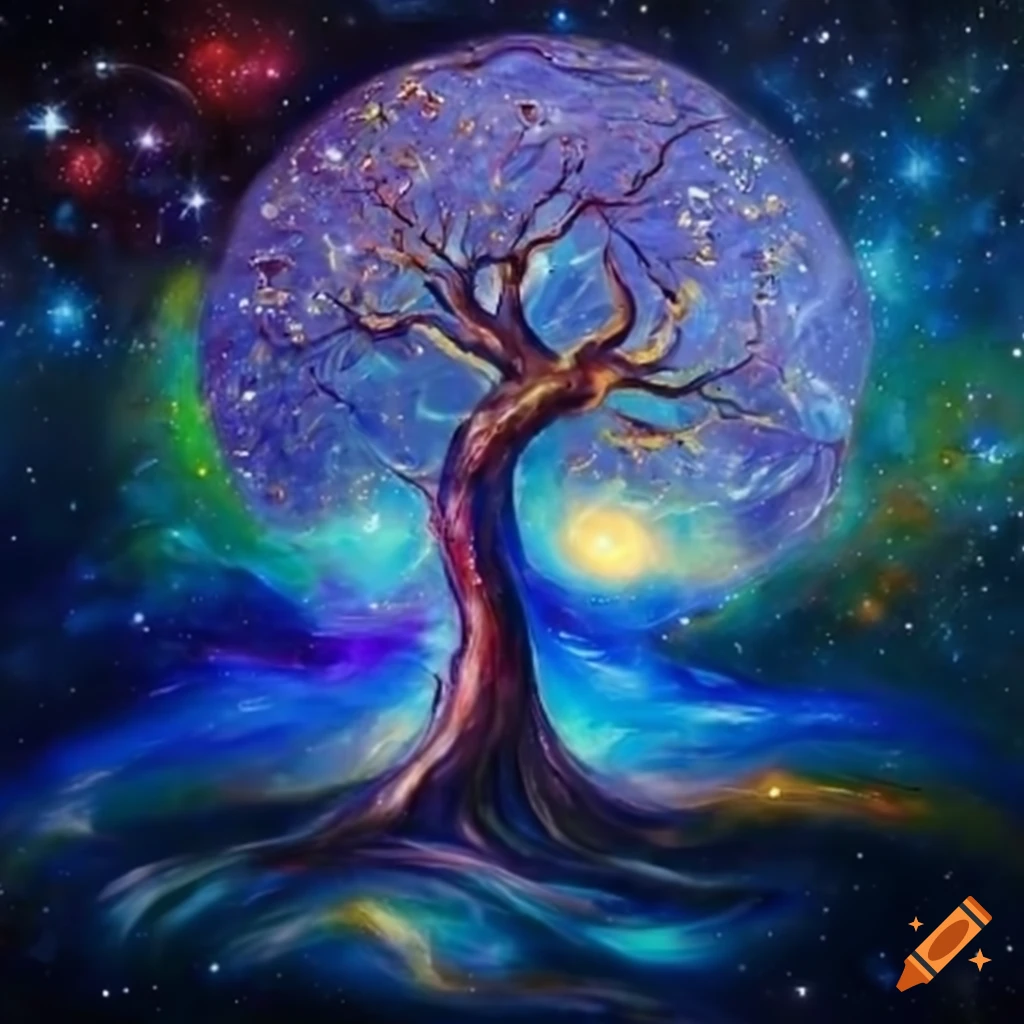 A fantasy cosmic tree in space with glowing star foliage on Craiyon