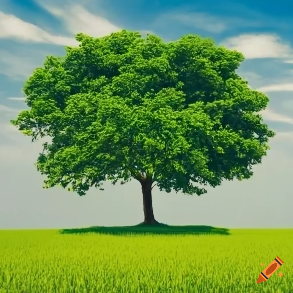 A lush green tree in a sunny field on Craiyon