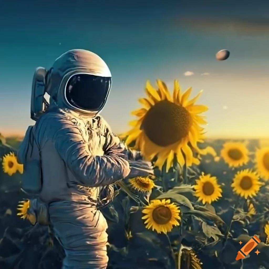 Astronaut exploring a field of sunflowers on an alien planet on Craiyon