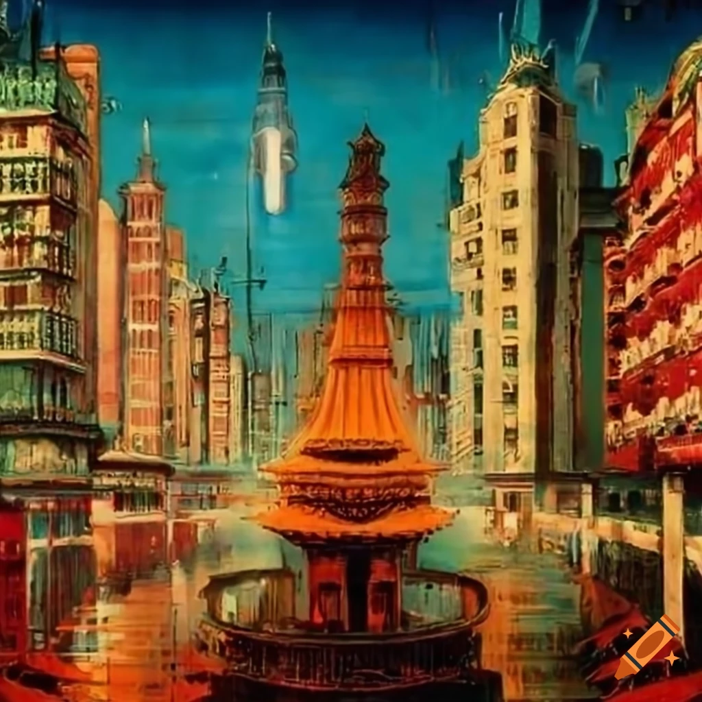 Futuristic chinese painting from 1929, depicting a bustling city