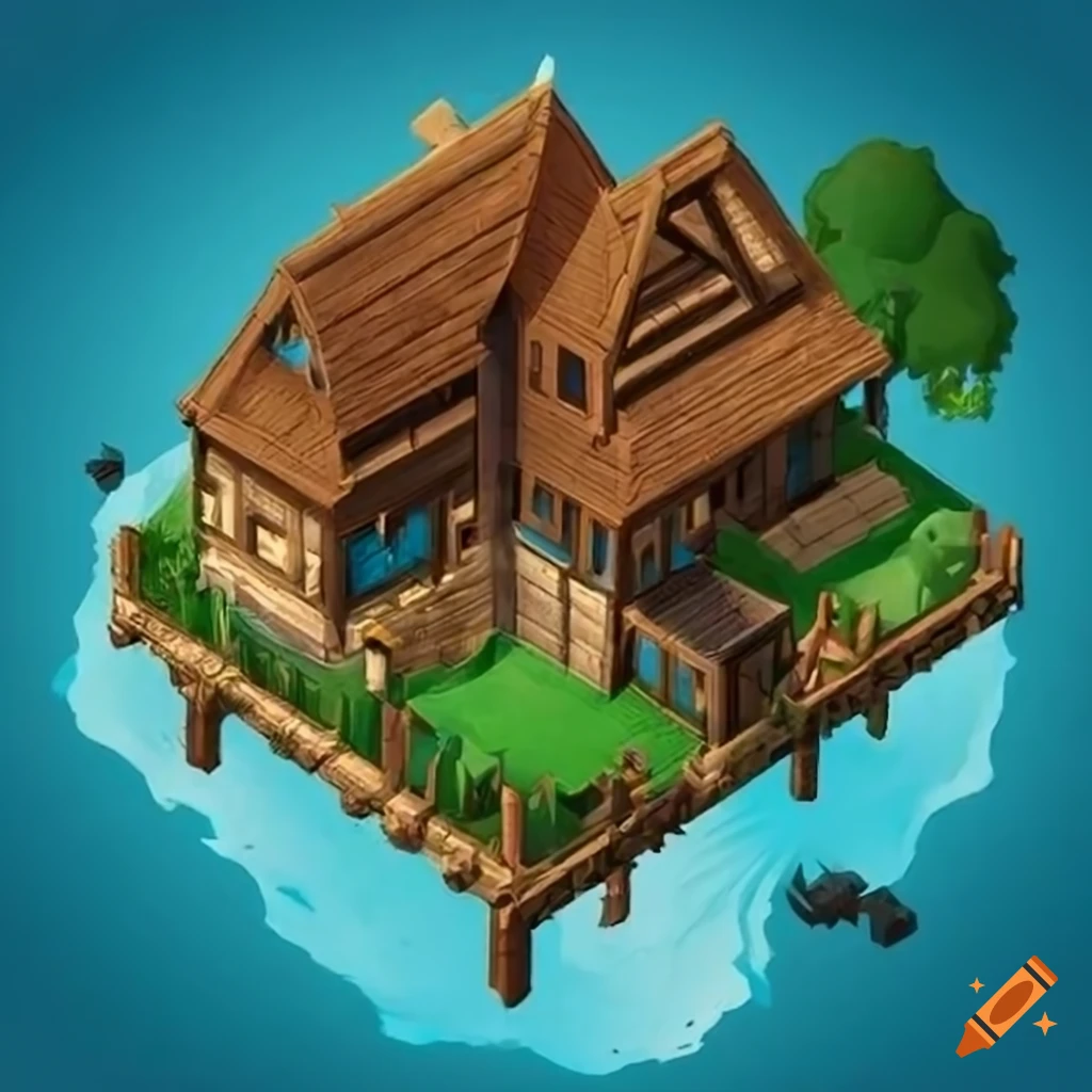 Building fantasy game in a water world, timbered houses in isometric ...