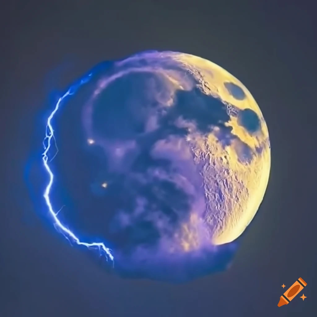 A mysterious and intense blue lightning around a yellow moon, cinematic ...