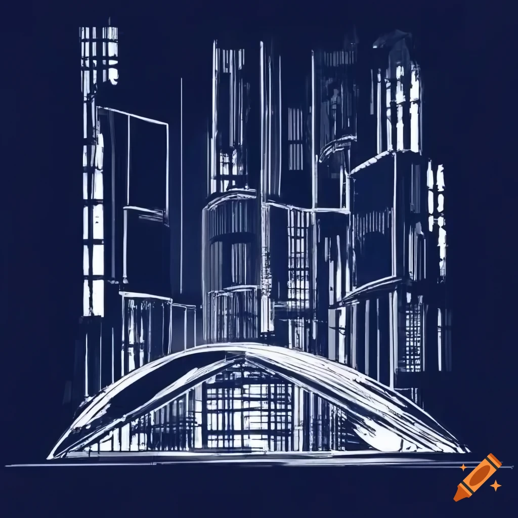 A blueprint of a glass and metal futuristic museum