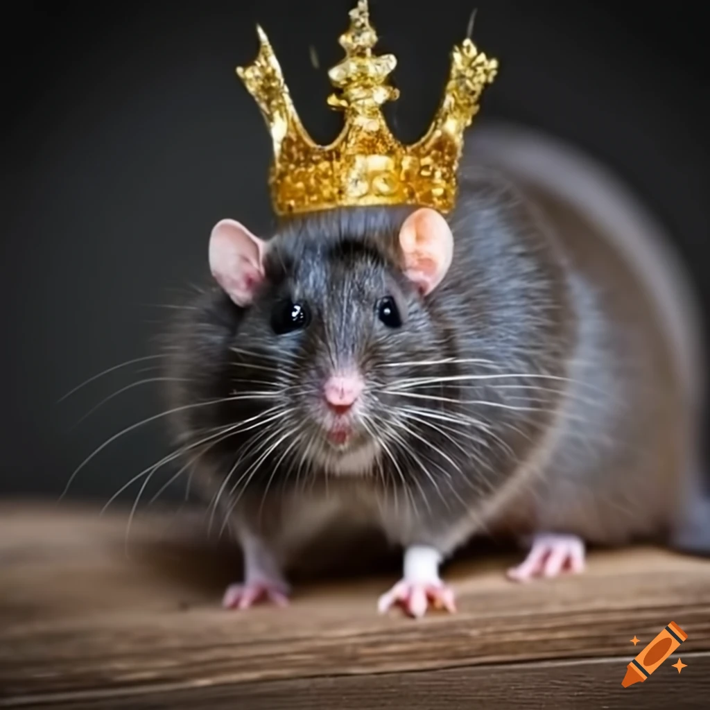 Black fat rat with white belly wearing a crown on its head