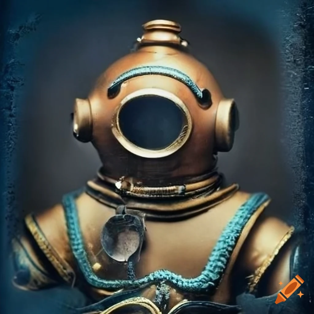 Daguerreotype of a man with closed eyes wearing a Victorian diving suit and helmet on Craiyon