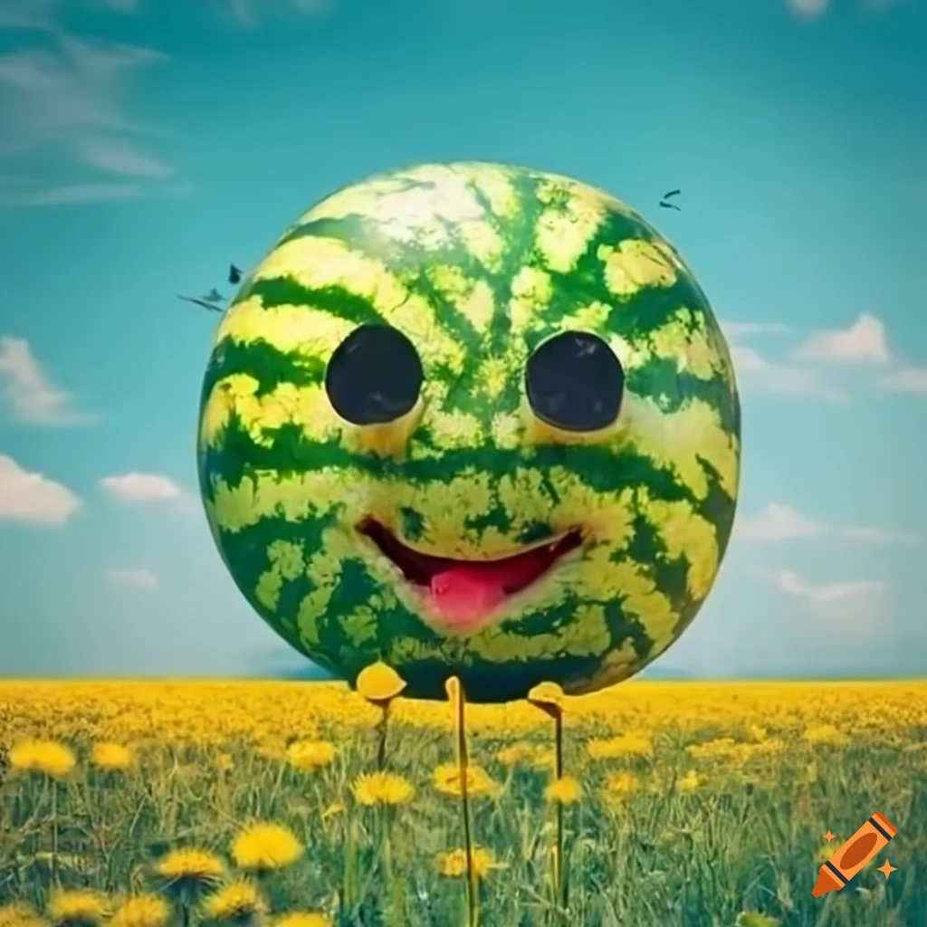 A giant watermelon with an happy face overlooking a field of dandelions on Craiyon