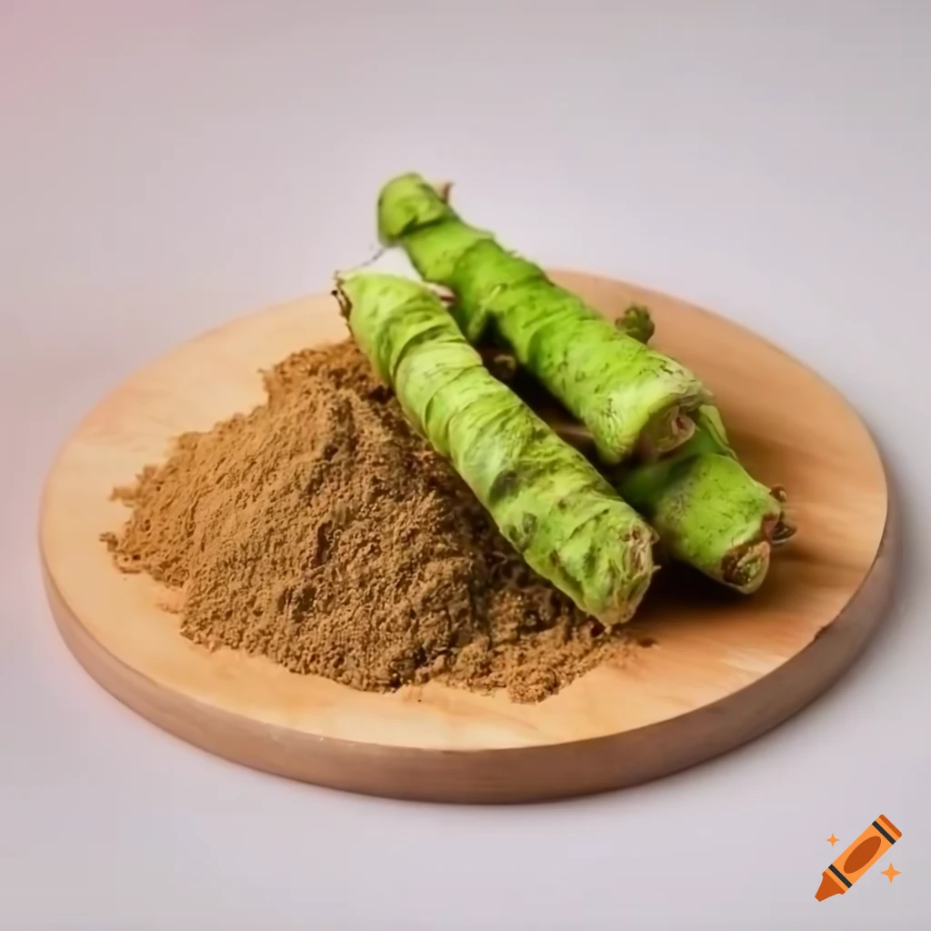 Fresh wasabi root and powder on a wooden board with a bright white ...
