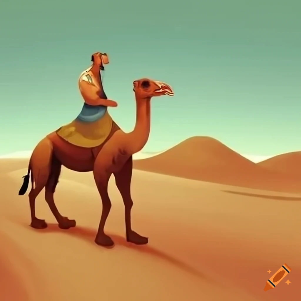 Bible character riding a camel on a desert road, detailed