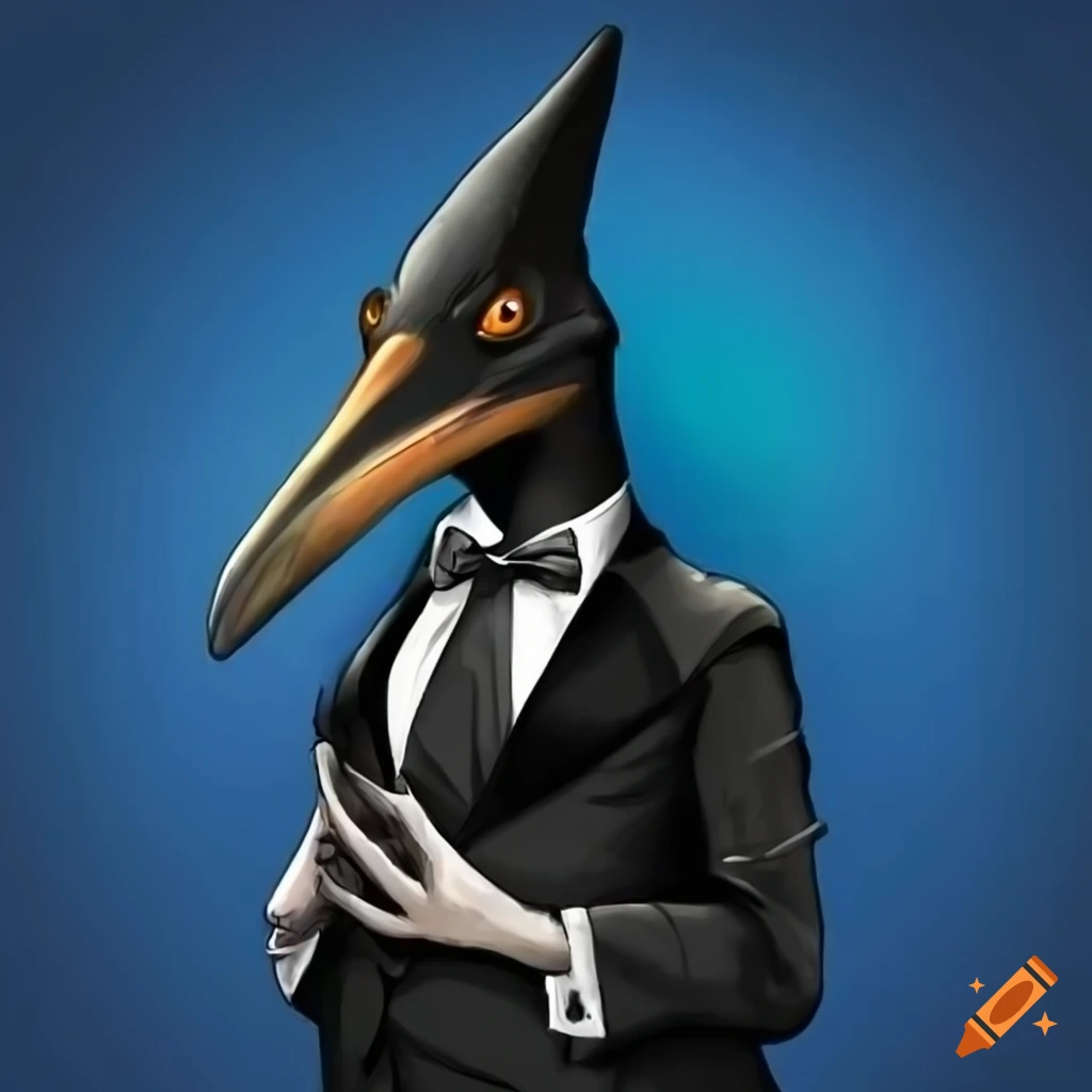 Alpha Joyful handsome pterodactyl in a tuxedo on Craiyon