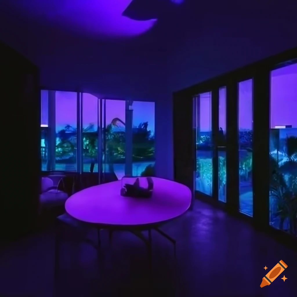Architectural design, miami vice inspired, 90's home interior, nighttime, ambient lighting ...