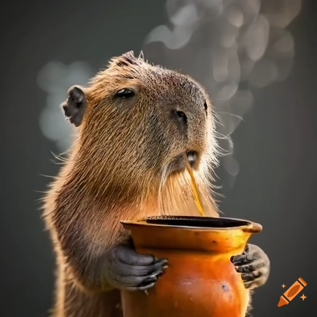 A capybara holding a cauldron with steam