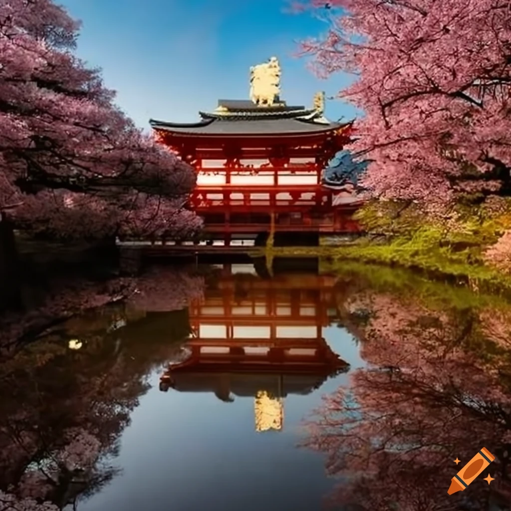 A peaceful Japanese temple surrounded by cherry blossom trees on Craiyon