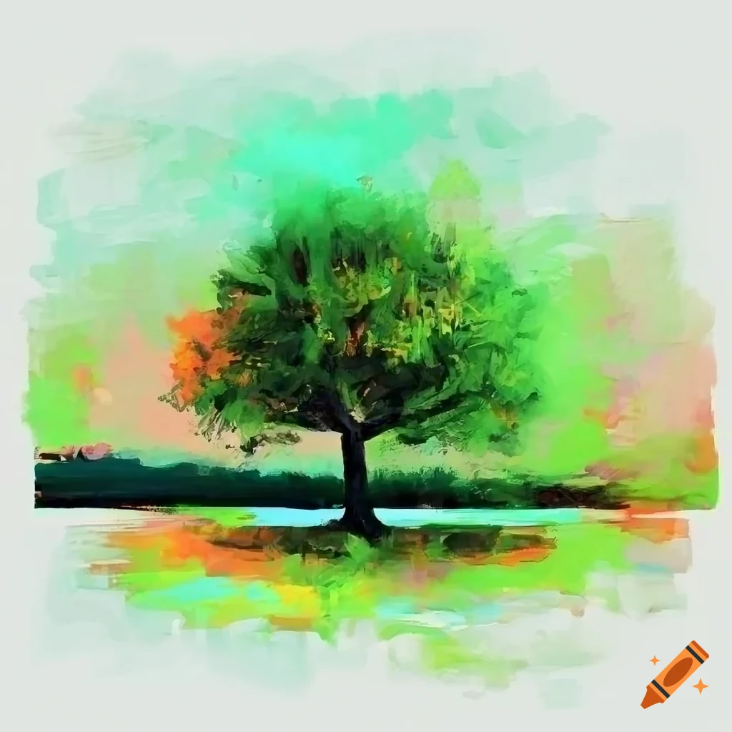 Expressionism painting of a tree in the middle of tranquil lake. white ...