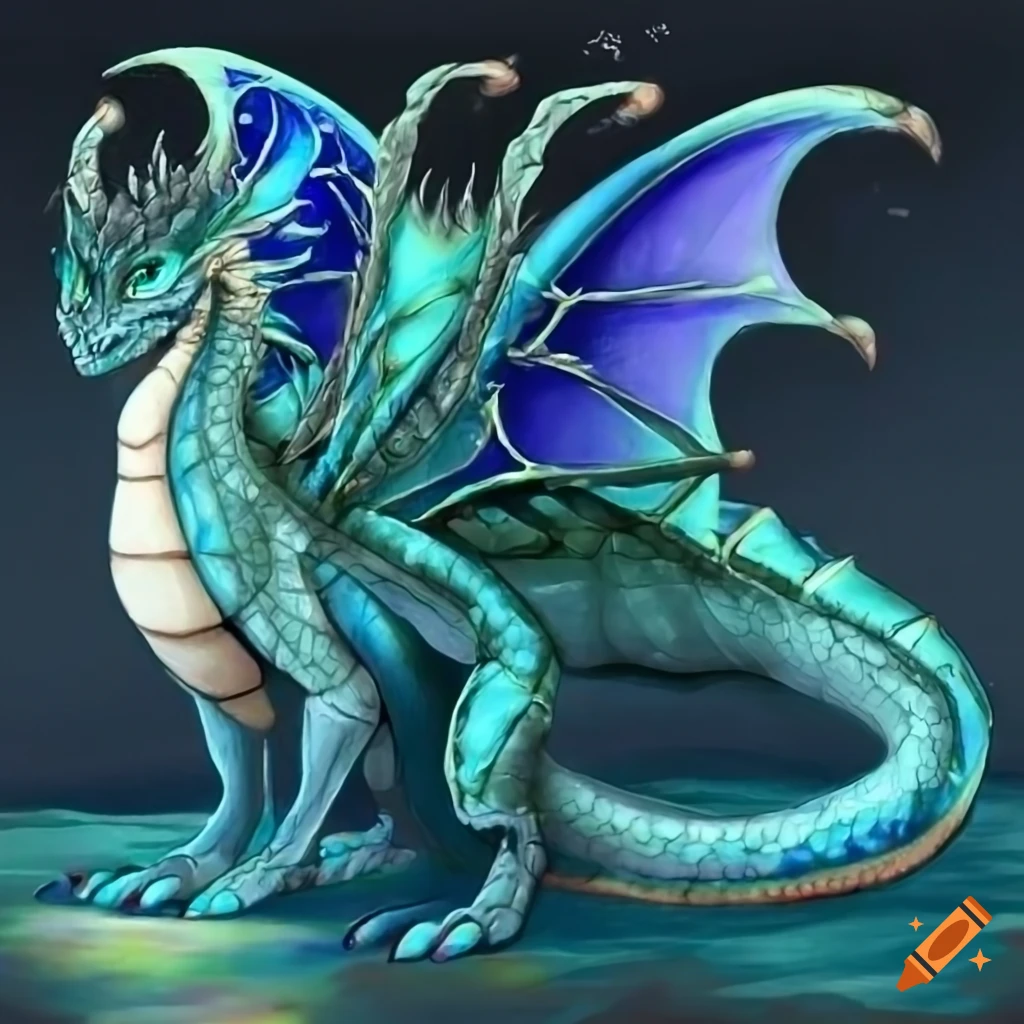 Anthro dragon with petrol-colored scales, cyan wings, cyan belly, cyan ...
