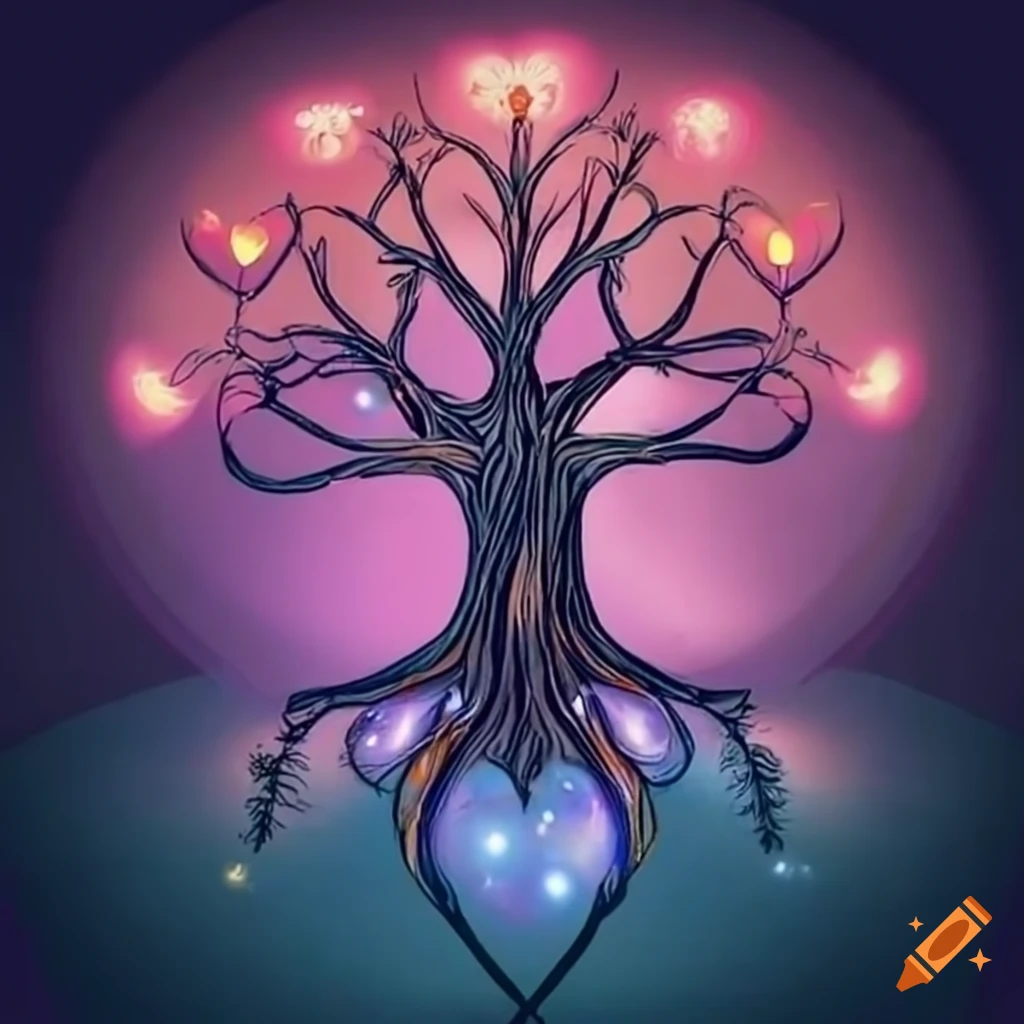 Magical tree with heart leaves and glowing flowers on Craiyon