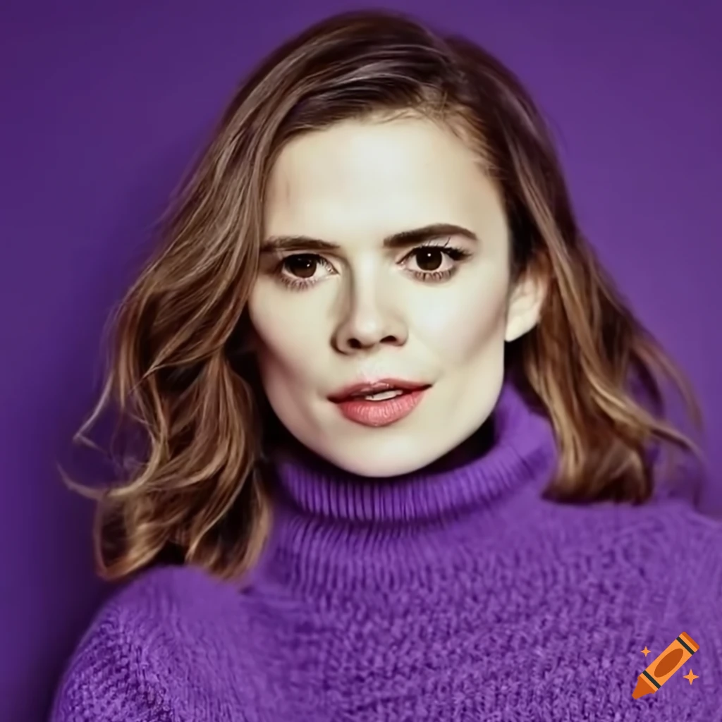 Hayley Atwell with medium lenght wavy blonde hair. purple sweater. purple background on Craiyon