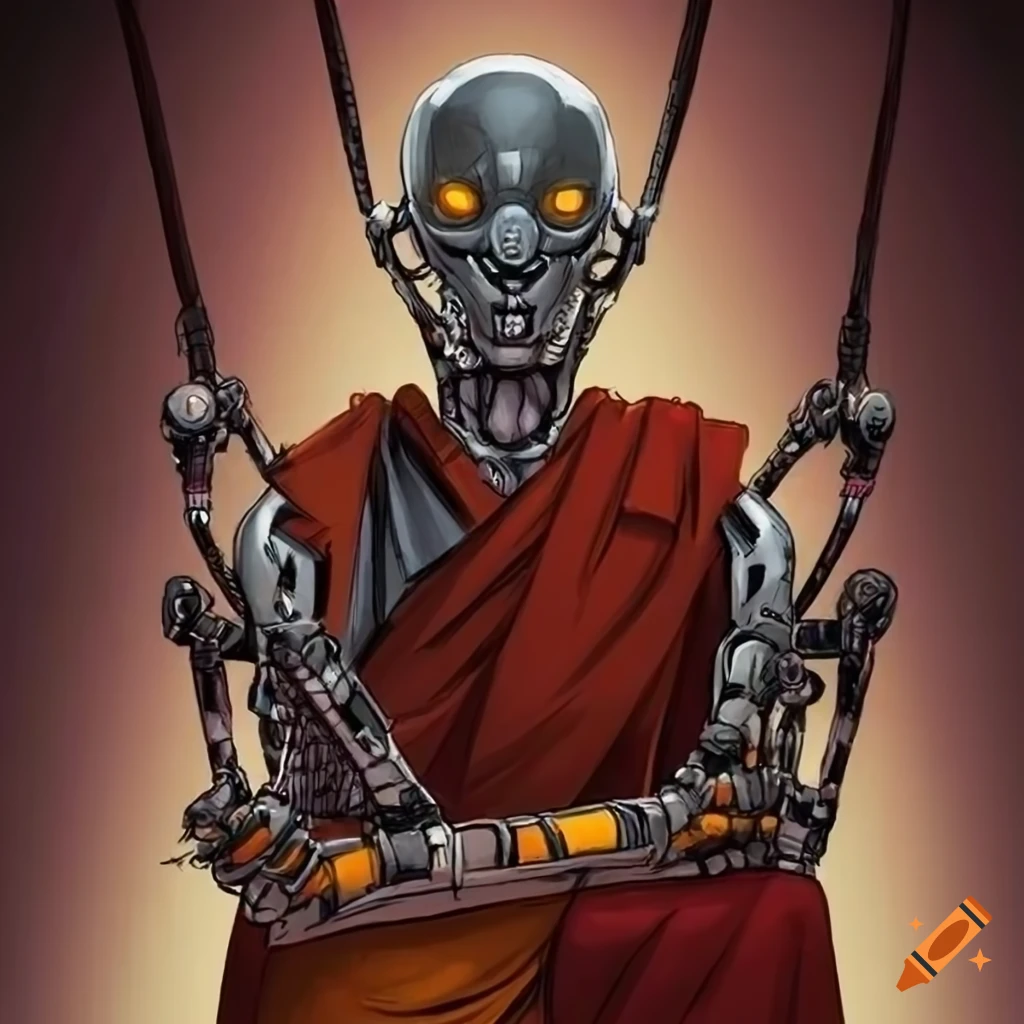 An illustration of a cyborg tibetan monk standing with his arms crossed ...