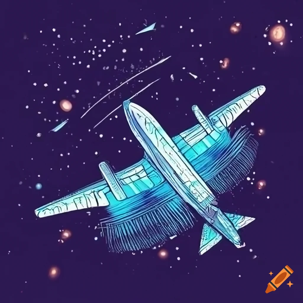 Plane flying in space, stars, universe