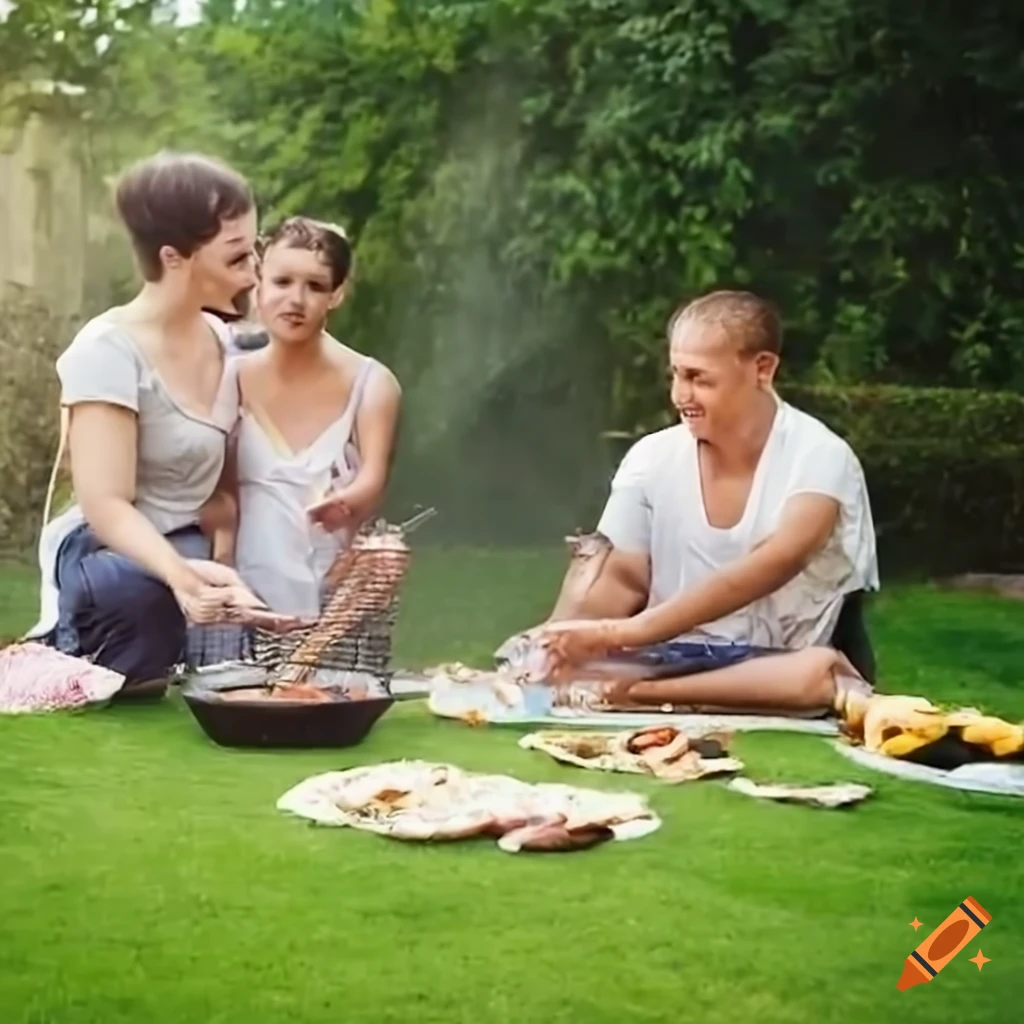 An image of a family having a barbecue in a garden with a pool on Craiyon