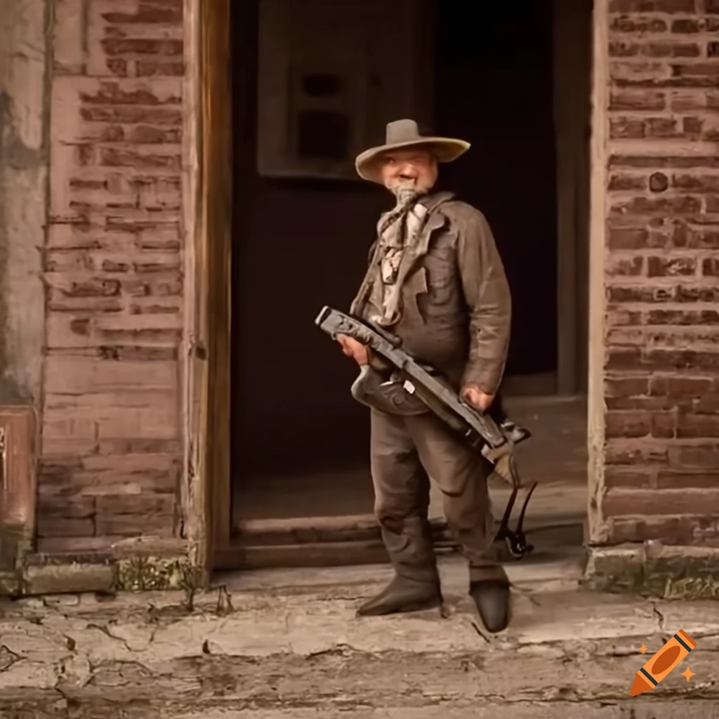 Old west government agent with limp and multibarrel pistol standing in ...