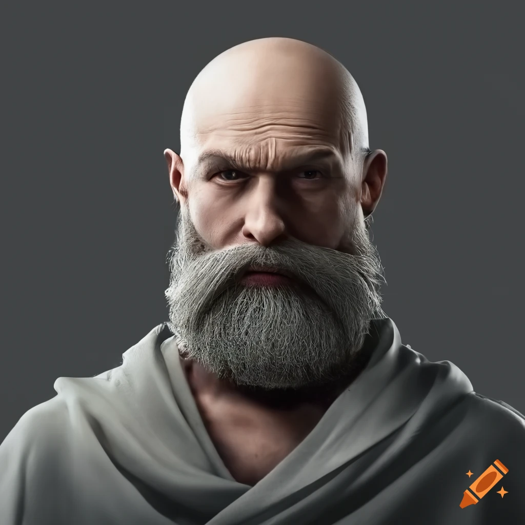 Portrait of bald man with short plaited beard wearing grey robes. 4k ...